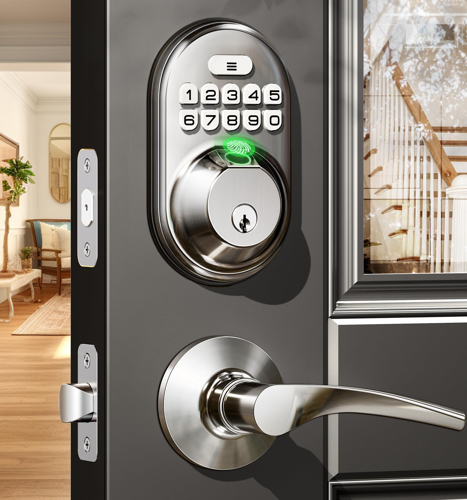BEBASIA Fingerprint Door Lock with Handles, Keyless Entry Door Lock ...