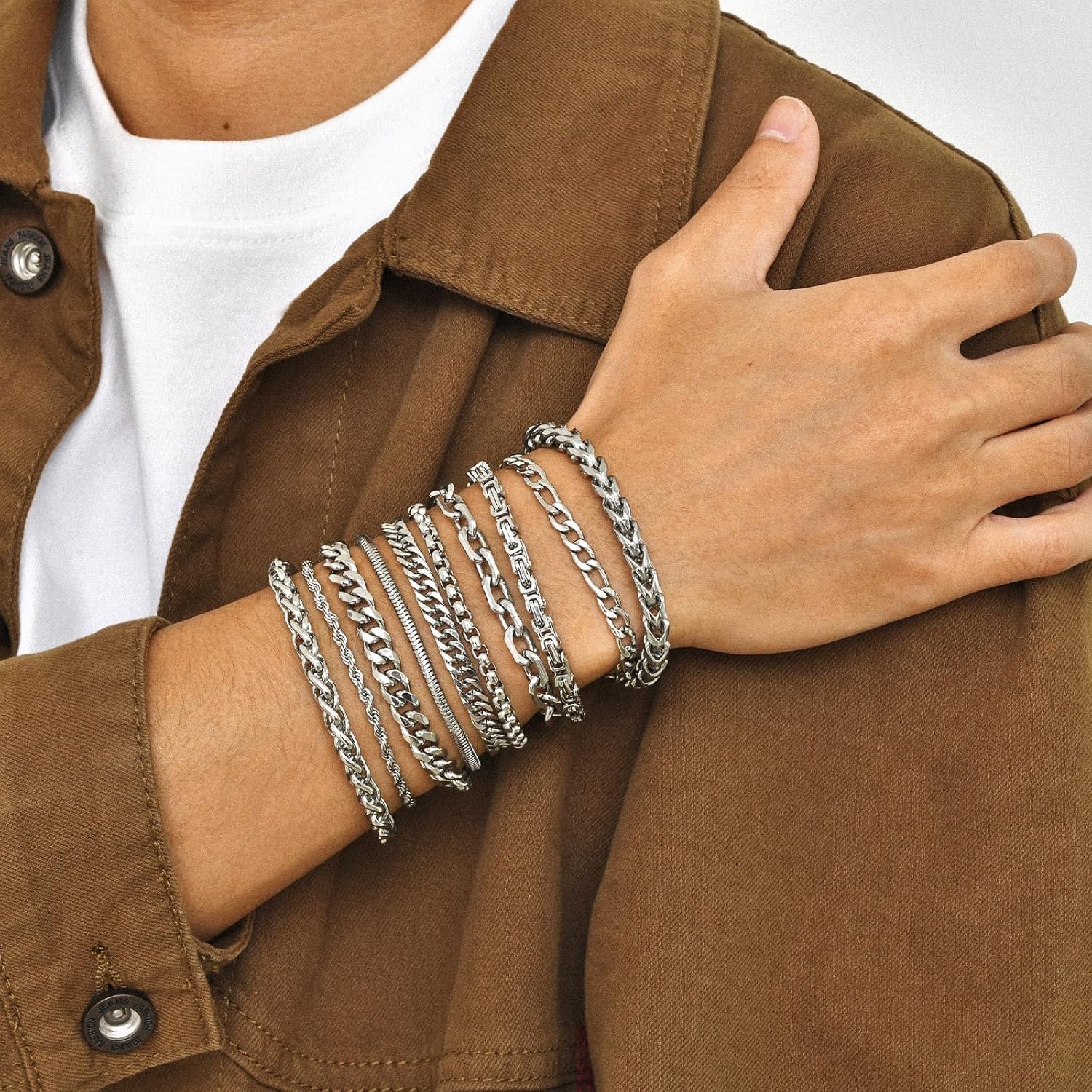 VNOX Silver Chain Bracelet for Men - 10 Pcs Solid Stainless Steel Rope ...