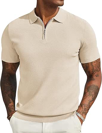 COOFANDY Mens Textured Knit Polo Shirts Zipper Polo Shirts Short Sleeve Casual Lightweight Golf ...
