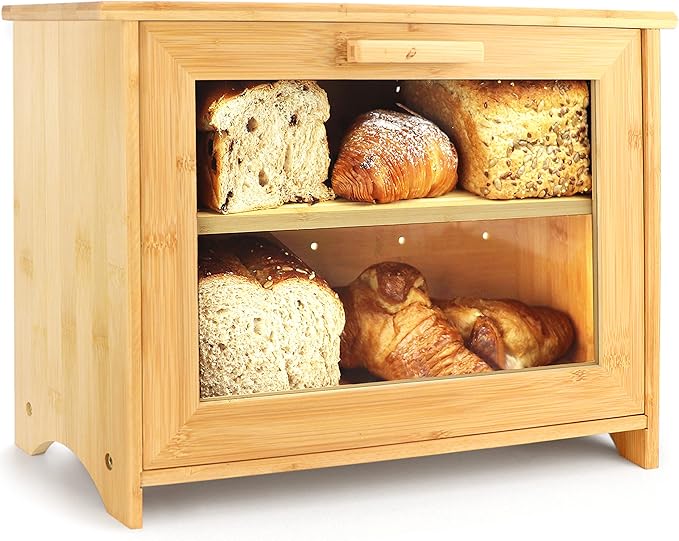 Amazon.com: Pristine Bamboo Bread Box for Kitchen Countertop - Double ...