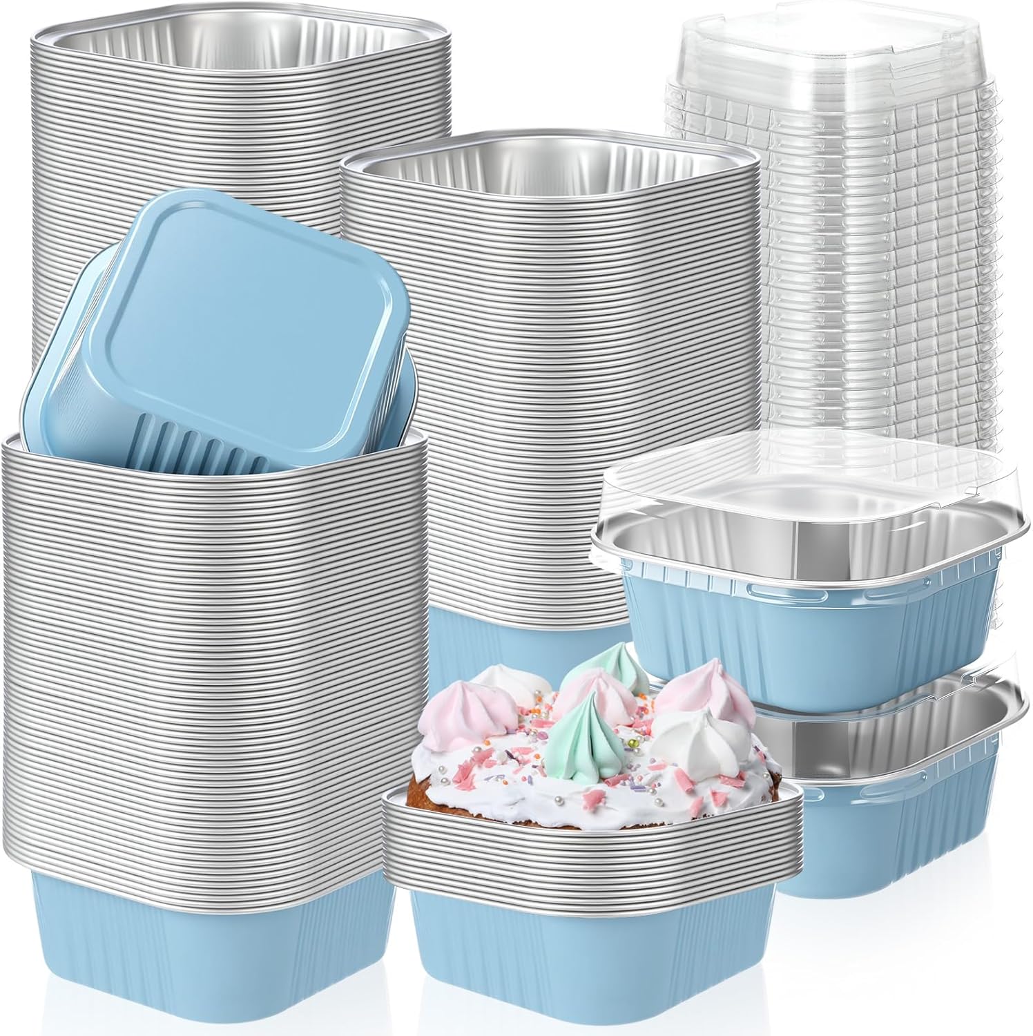 Amazon.com: Aoriher 150 Pieces 10 oz Mini Cake Pans with Lids Aluminum Foil Baking Cups Square ...