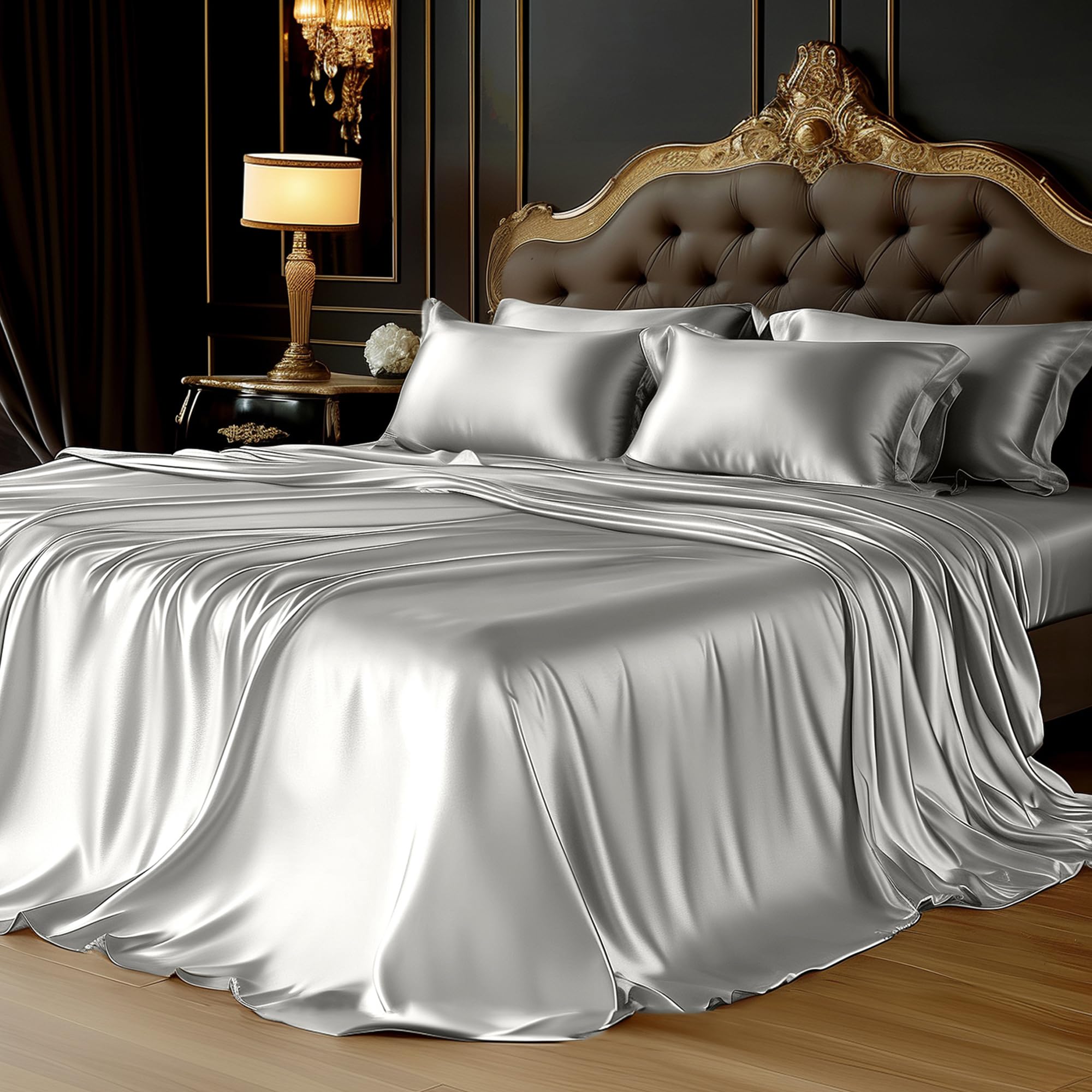 Amazon.com: Degrees of Comfort Light Grey Satin Sheet Set King Size – 6 ...