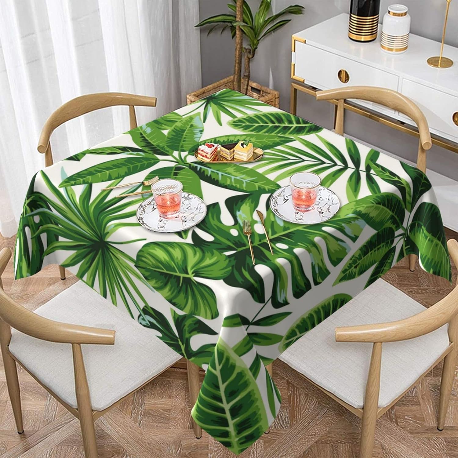 Tablecloth Tropical Green Exotic Palm Leaves Waterproof Washable Square