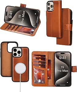 Amazon.com: Bayelon Wallet Case for iPhone 15 Pro Max, Full Grain Leather Wallet, Detachable ...