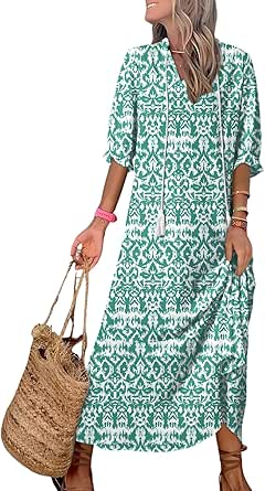 Dokotoo Womens Dresses 2024 Trendy Tassel Tie Neck Flare Short Sleeve ...