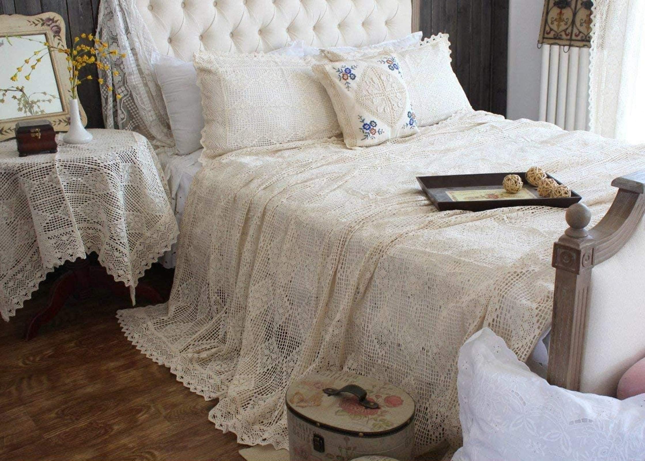 Amazon.com: ABREEZE Vintage Cotton Bedding Set Hand Crochet Bedspread ...