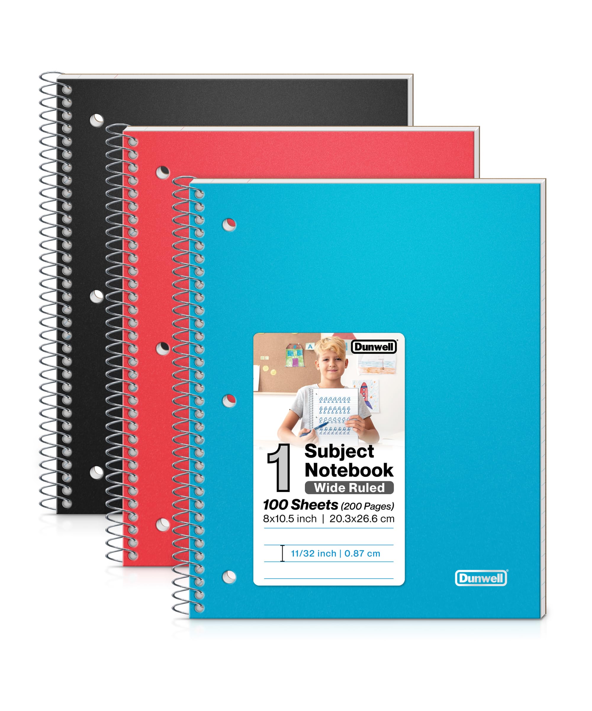 Amazon.com : Dunwell 1 Subject Spiral Notebooks, (3-Pack, Red Blue ...