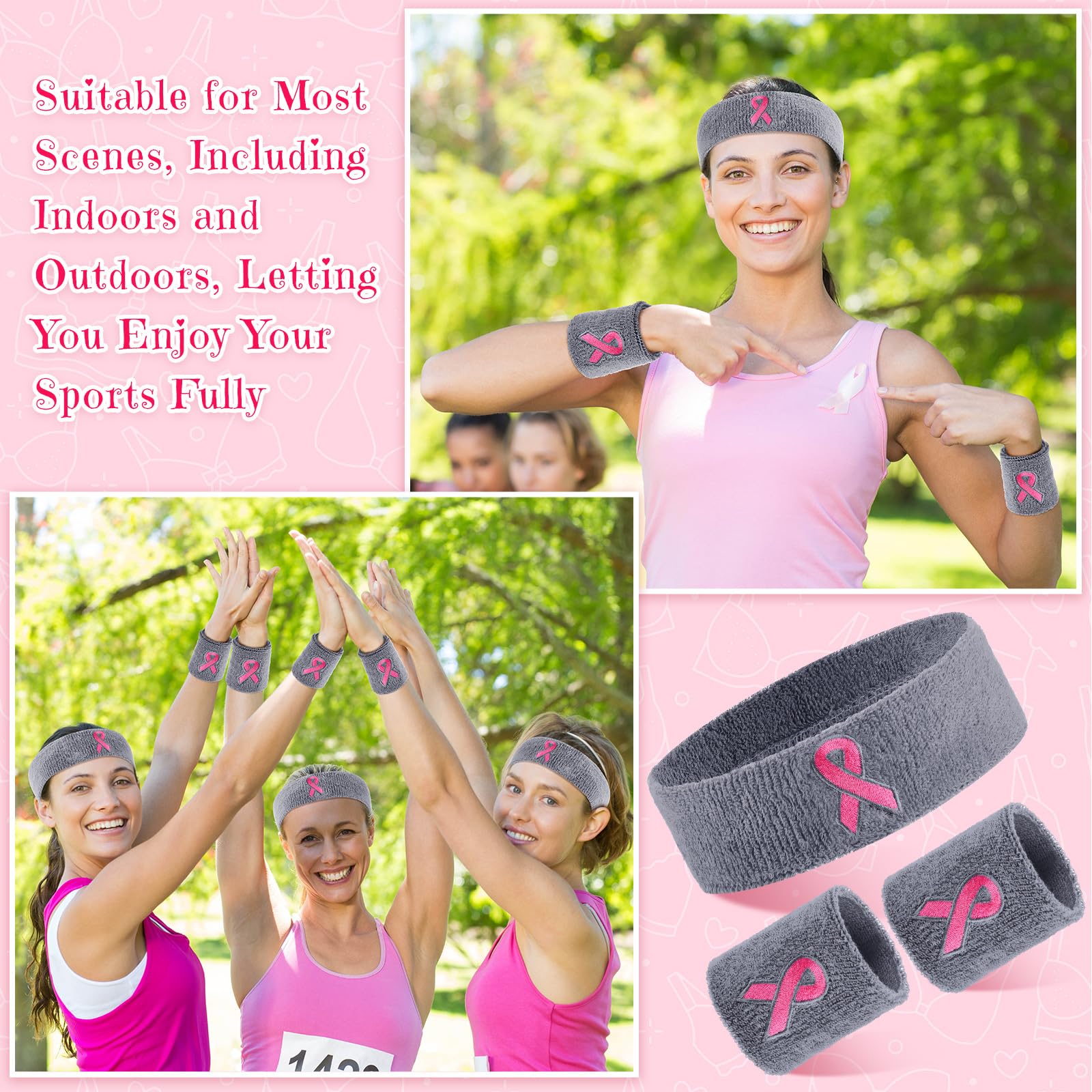 60 Pieces Breast Cancer Awareness Sweatbands Bulk Includes 20 Breast ...