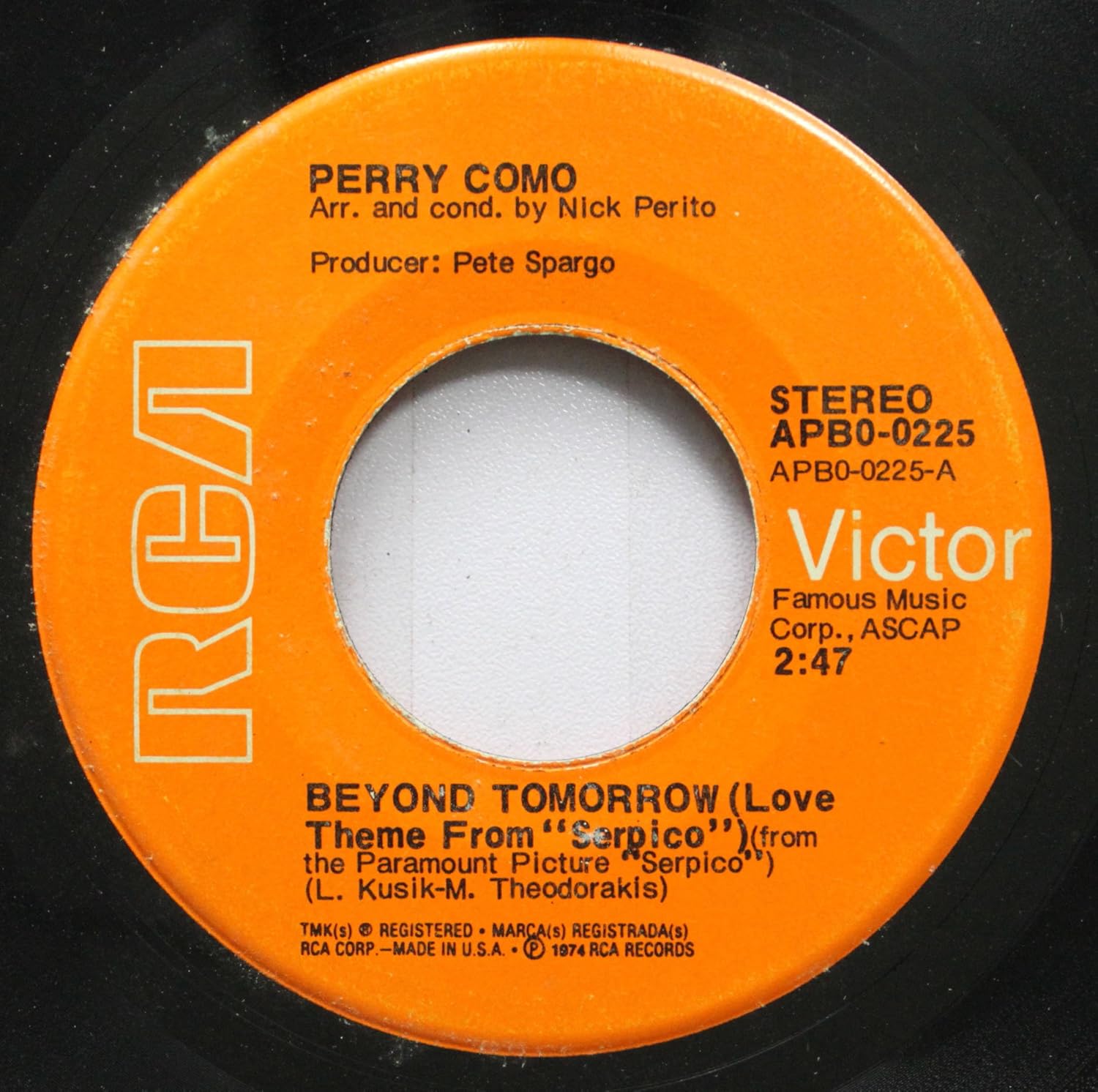PERRY COMO 45 RPM BEYOND TOMORROW (Love Theme From "Serpico") / IT ALL ...