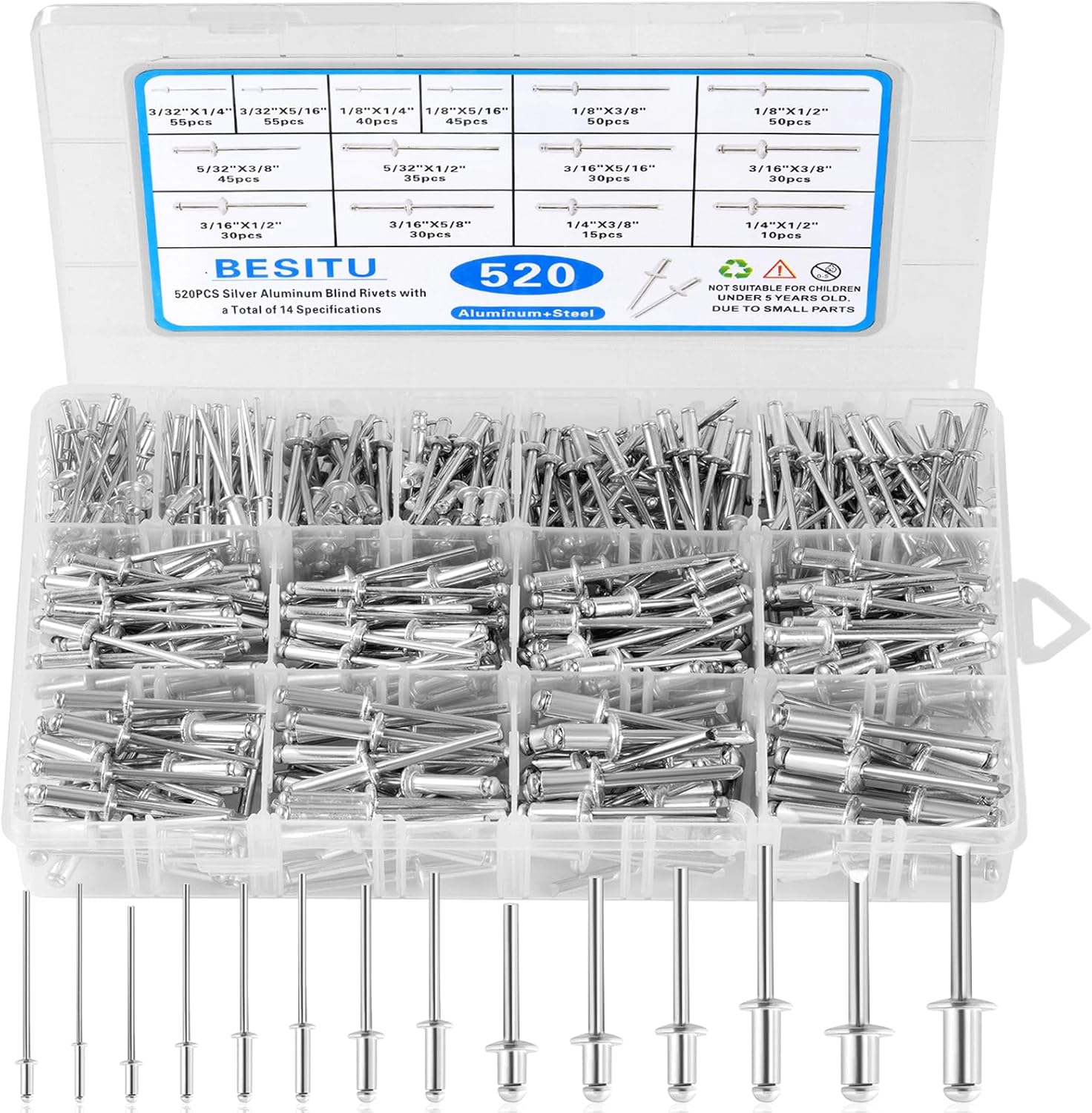 Besitu 520pcs Pop Rivets Assortment Kit,14 Sizes Aluminum Blind Rivets ...