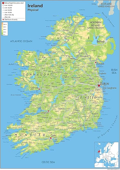 Ireland Physical Map - 16.5 x 23.3 inches - Paper Laminated : Amazon ...