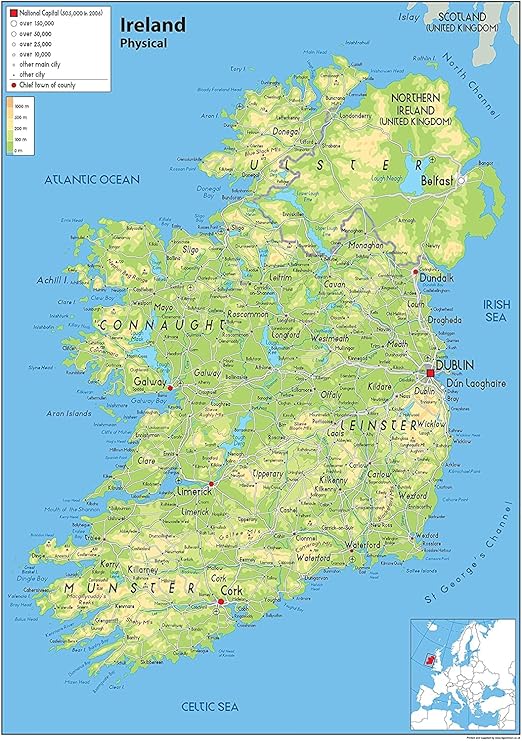 Ireland Physical Map - 16.5 x 23.3 inches - Paper Laminated : Amazon ...