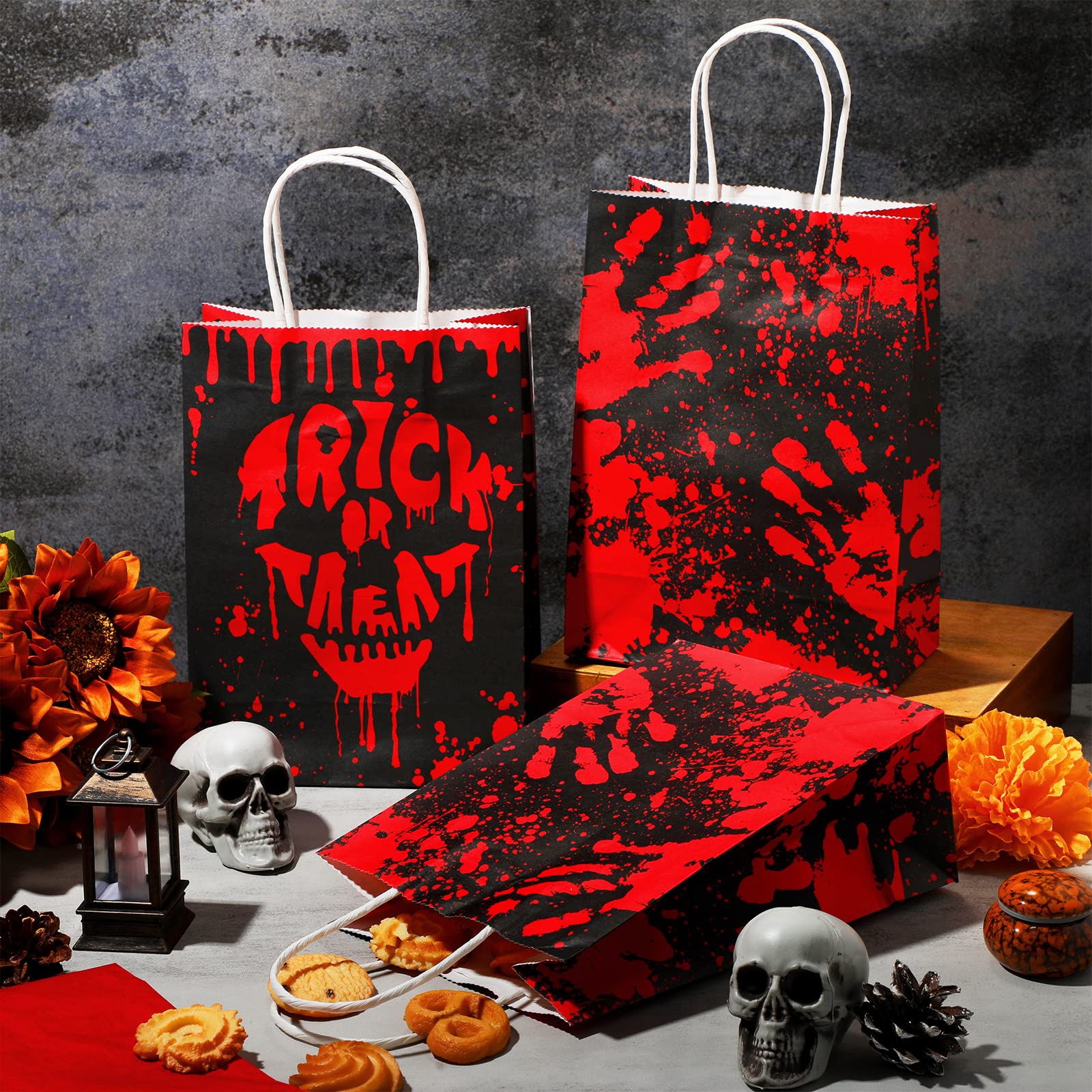 Pajean 16 Pcs Halloween Bloody Goodie Favor Bags with Handle Handprints ...