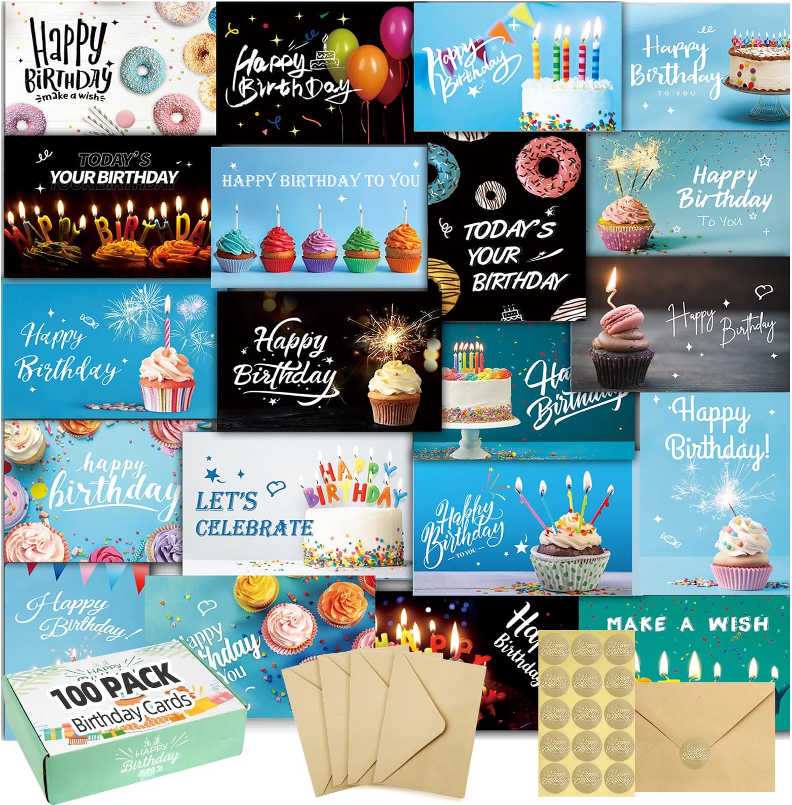 100 Happy Birthday Cards with Envelopes, 20 Unique Designs, Birthday ...