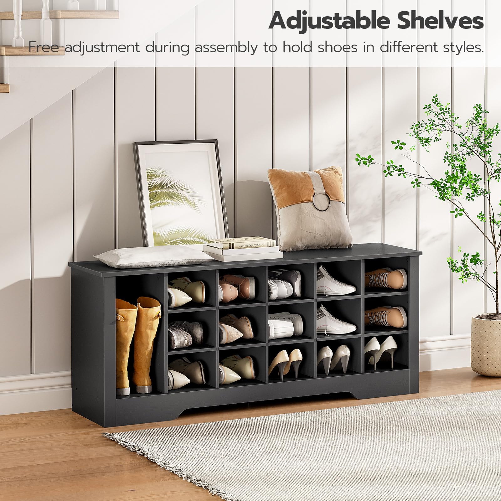 Snapklik.com : Shoe Bench, 18 Cubbies Shoe Storage Bench ...