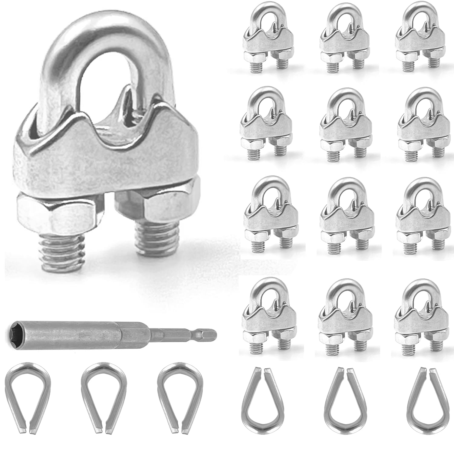 12Pcs M5 Wire Rope Clamps Cable Clamps 6Pcs 3/16" Wire Rope Thimble U ...