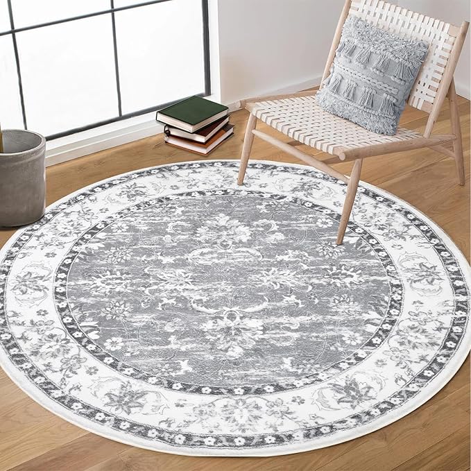 Enyhom Boho Round Area Rug, 120cm Grey Circle Rug Machine Washable ...