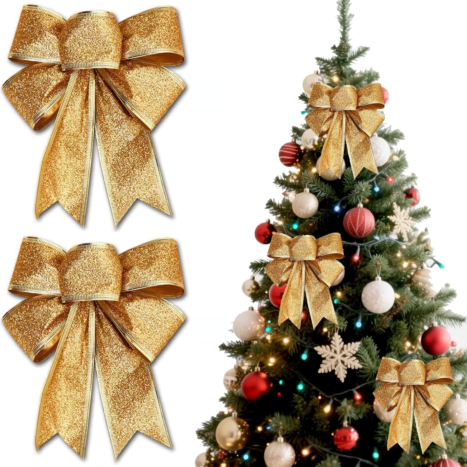 Amazon.com: Christmas Tree Bows 2 Pack - Gold Glitter Ribbon Bows for ...
