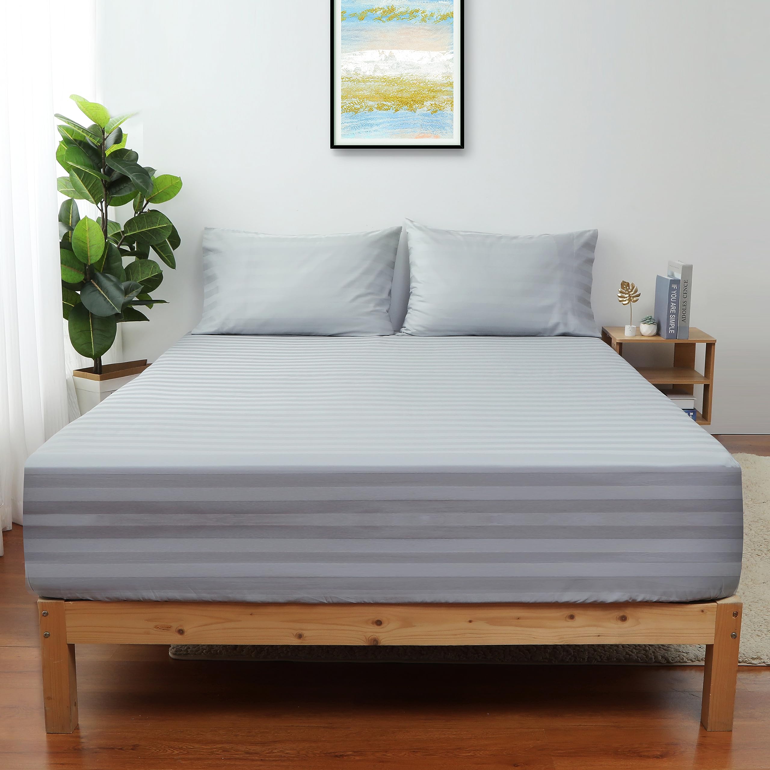 Amazon.com: Queen Size Striped Fitted Sheet Only Gray Color, 100% Egyptian Cotton 600 Thread ...