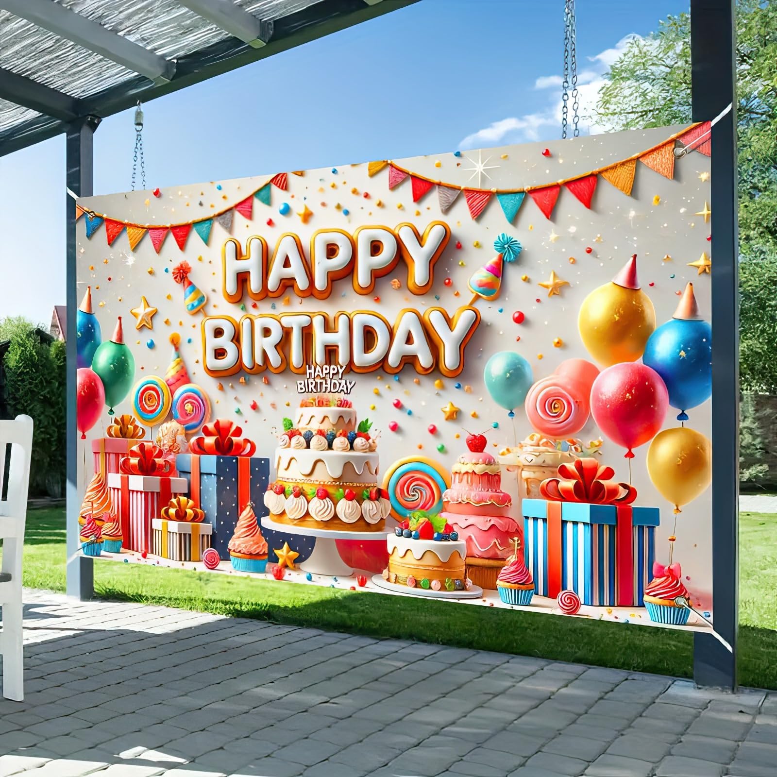 Amazon.com: Colorful Happy Birthday Backdrop Party Decoration Banner ...
