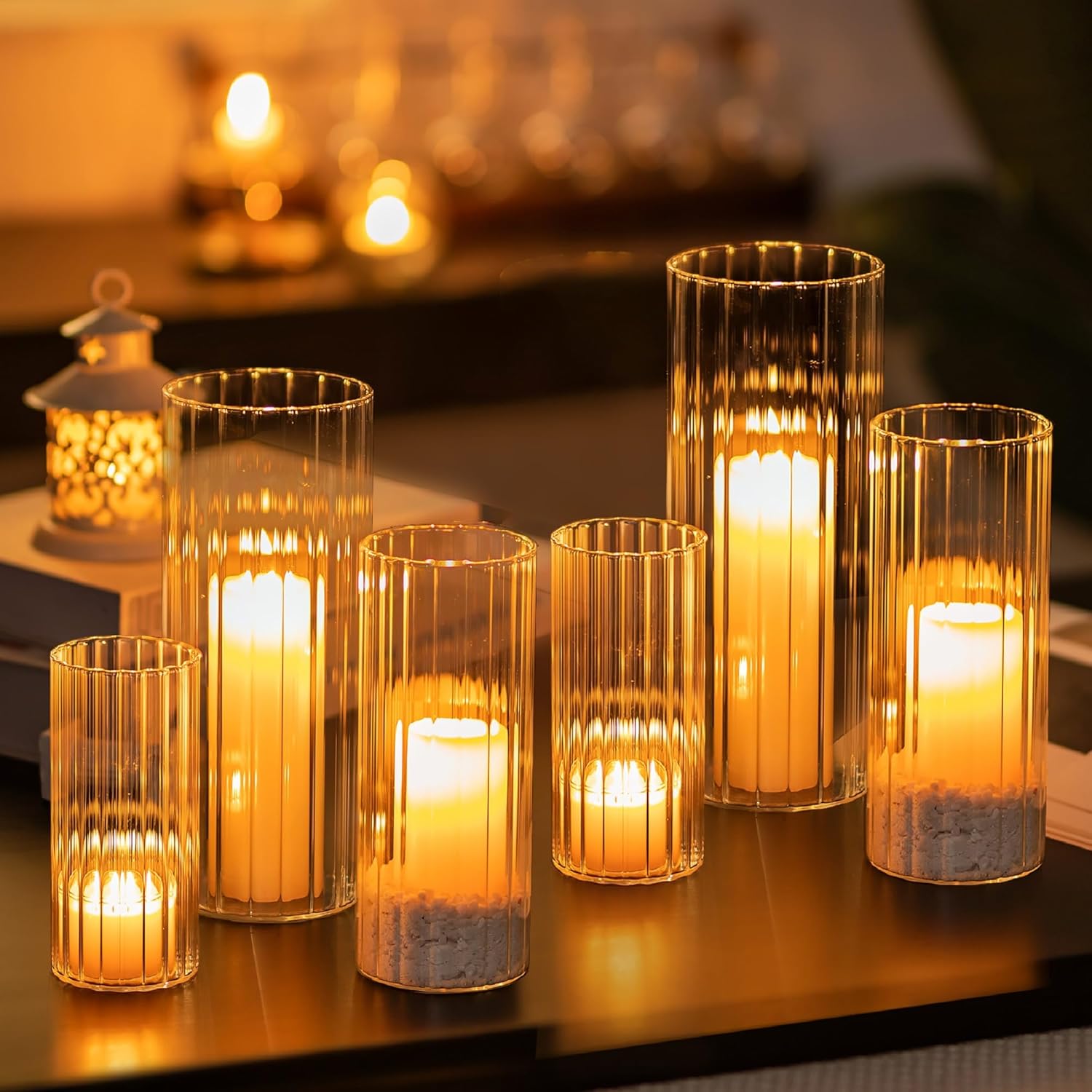 Glasseam Ribbed Glass Candle Holder, Cylinder Candle Holders for Pillar ...