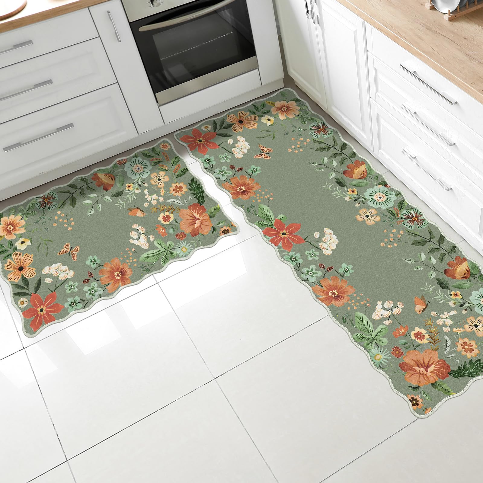 Amazon.com: Teenyyou Boho Floral Kitchen Rugs Sets of 2 Scalloped ...