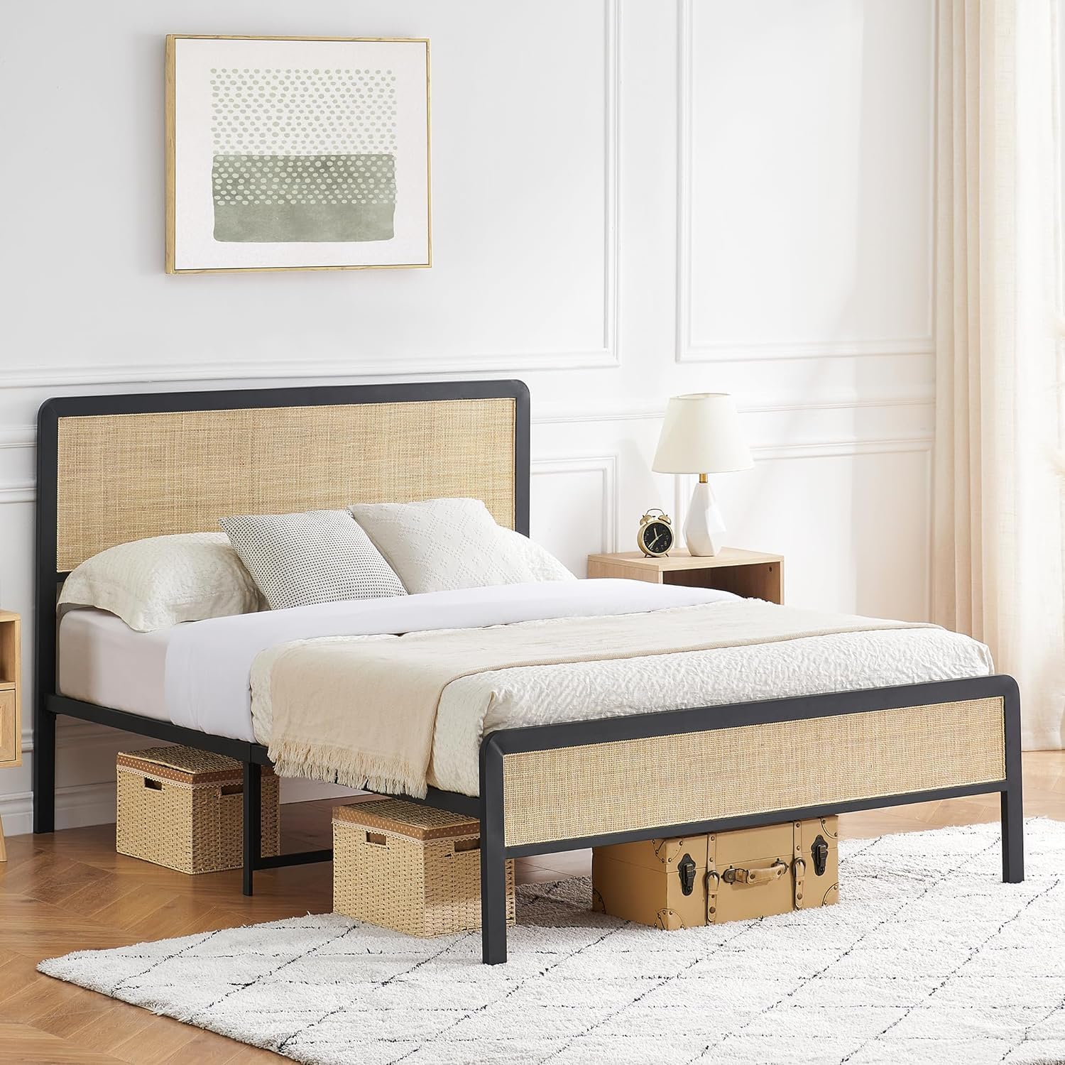 Amazon.com: coucheta Queen Bed Frame with Rattan Headboard and ...