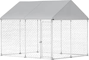 PawHut Outdoor Dog Kennel with Roof, Heavy Duty Galvanized Steel Dog ...