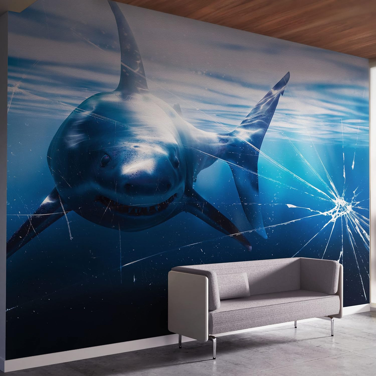 Amazon.com: Great White Shark Attack Aquarium Glass Wall Mural. Ocean ...