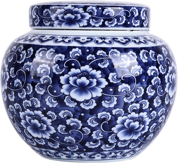 Amazon.com: Blue and White Porcelain Round Ginger Jar, Chinoiserie ...