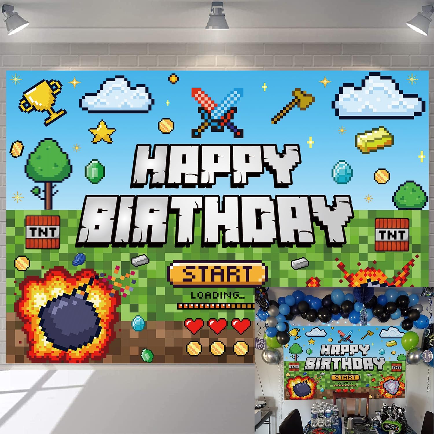 Amazon.com : Video Game Pixel Happy Birthday Backdrop for Kids Game ...