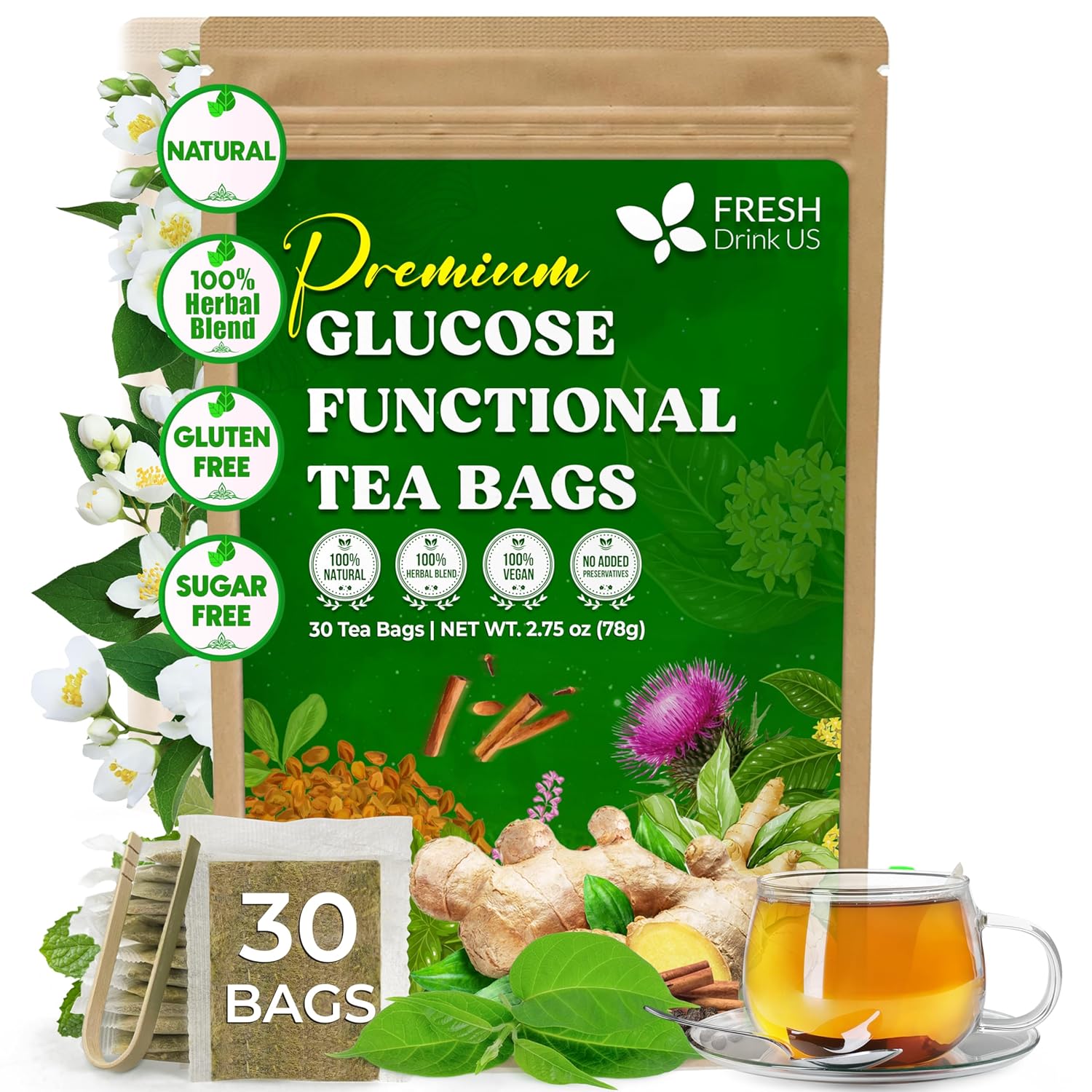 Amazon.com : FreshDrinkUS, Premium 30 Tea Bags Glucose Functional Tea ...