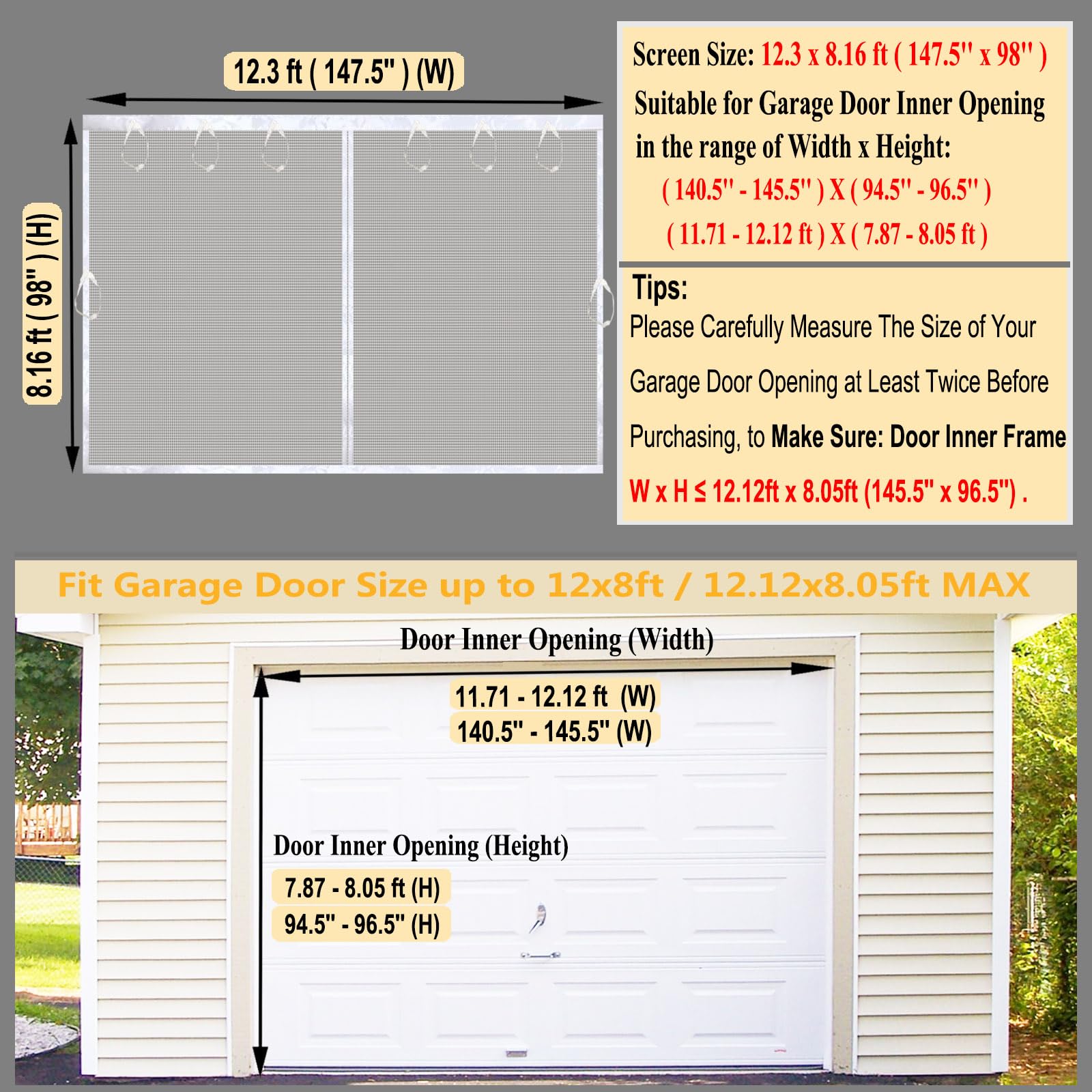 SANJINFON Magnetic Garage Door Screen 12x8 FT for Car Garage Door 144 ...
