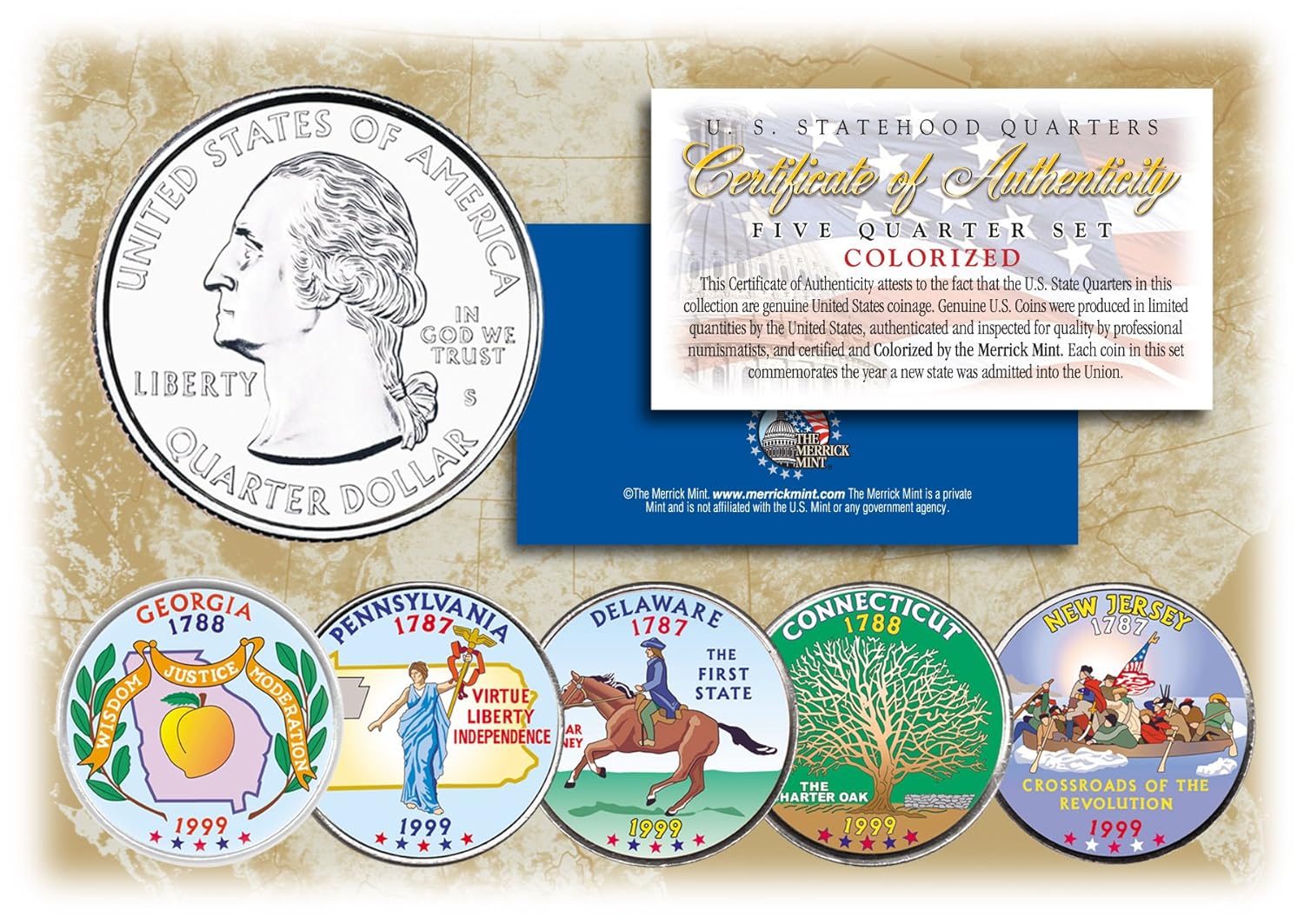 1999 US Statehood Quarters COLORIZED Legal Tender 5-Coin Complete Set w ...