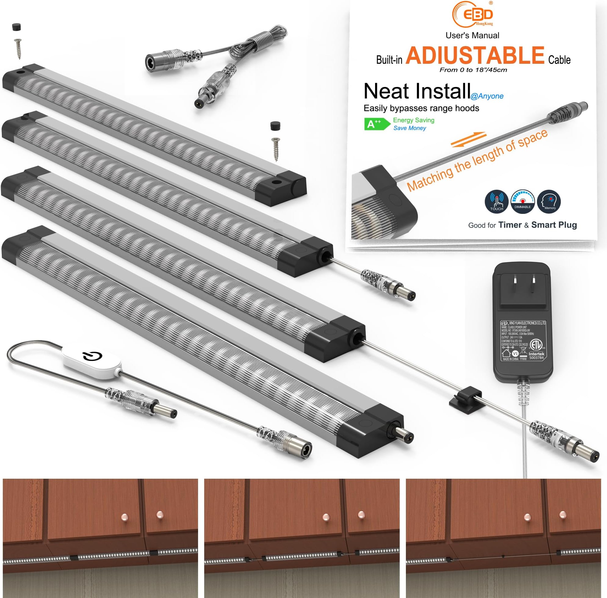 EBD under cabinet lights plug in light strip Built-in ADJUSTABLE Cable ...