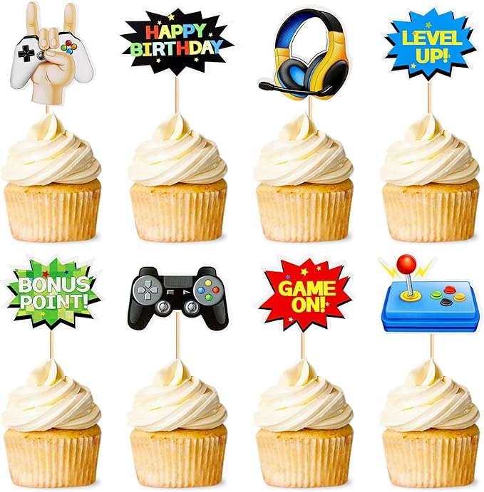 Amazon.com: Ercadio 32 Pack Game Cupcake Toppers Game On Level Up ...