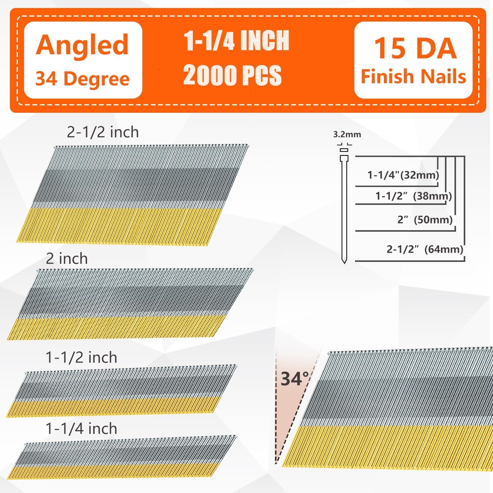 Snapklik.com : 15 Gauge DA Angled Finish Nails, 34-Degree, 1-1/4 Inch ...