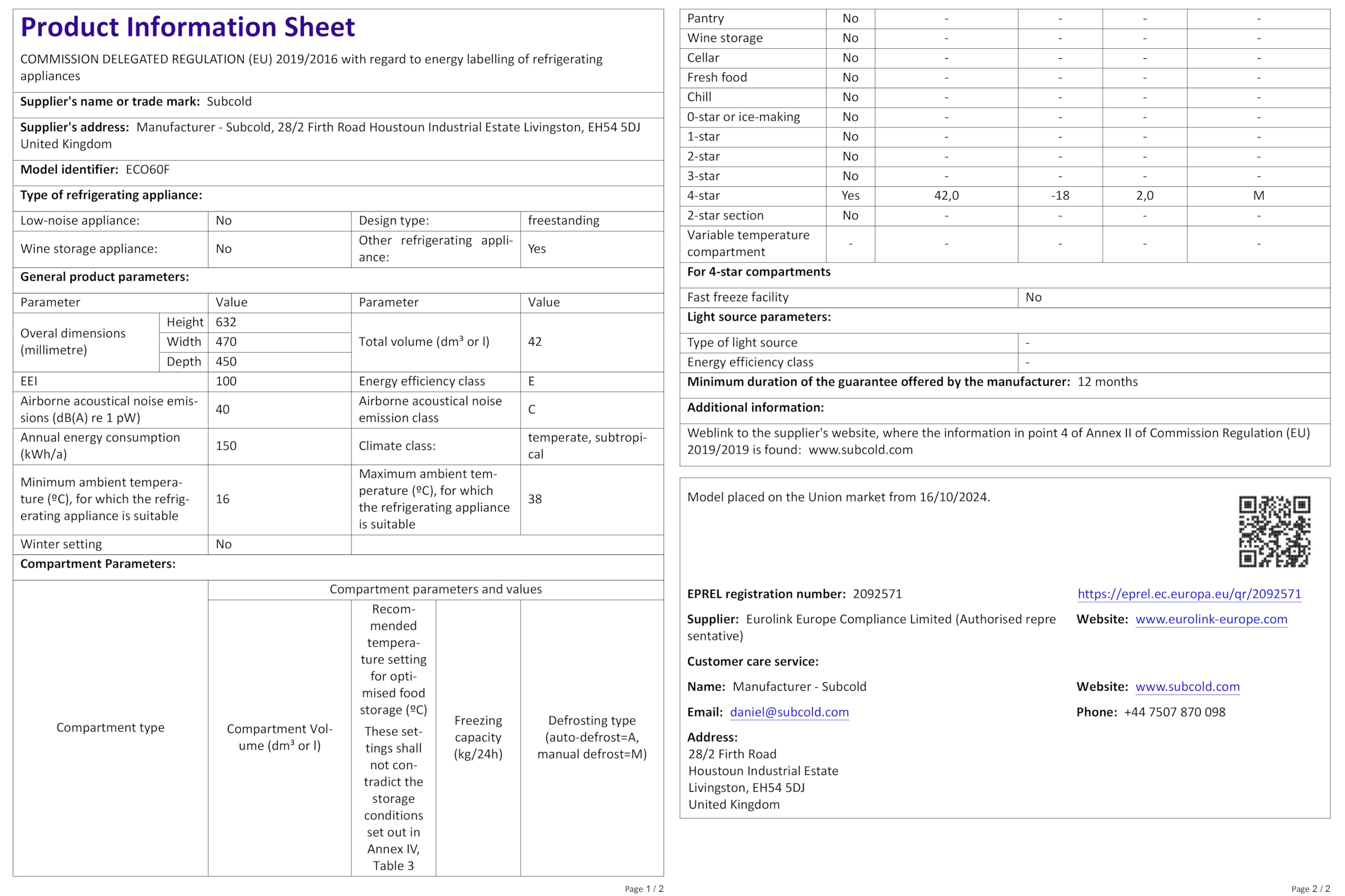 Subcold Eco60F Mini Freezer | 4-Star Table Top Unit | Energy-Efficient ...