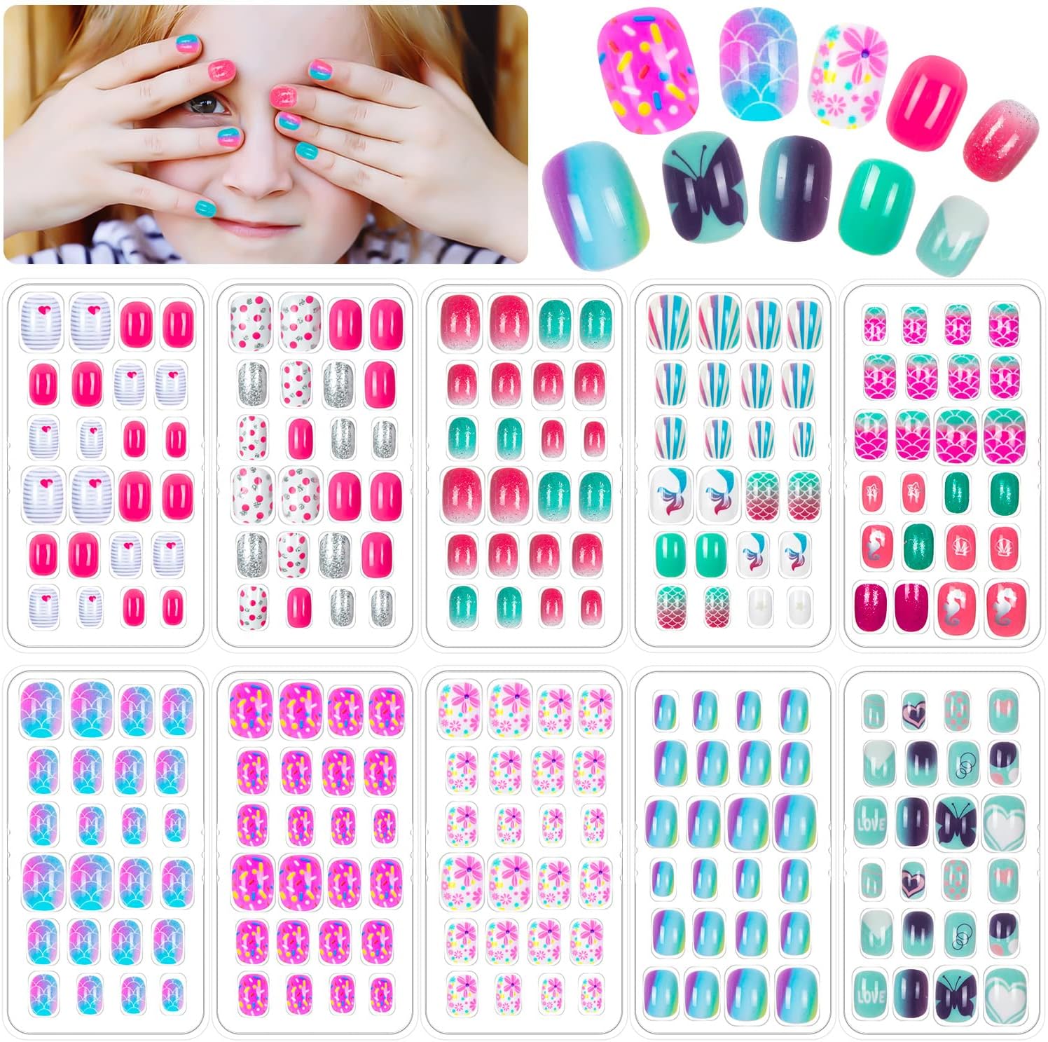 Amazon.com: 240 Pieces Fake Nails for Kids Girls Artificial Kids Press ...