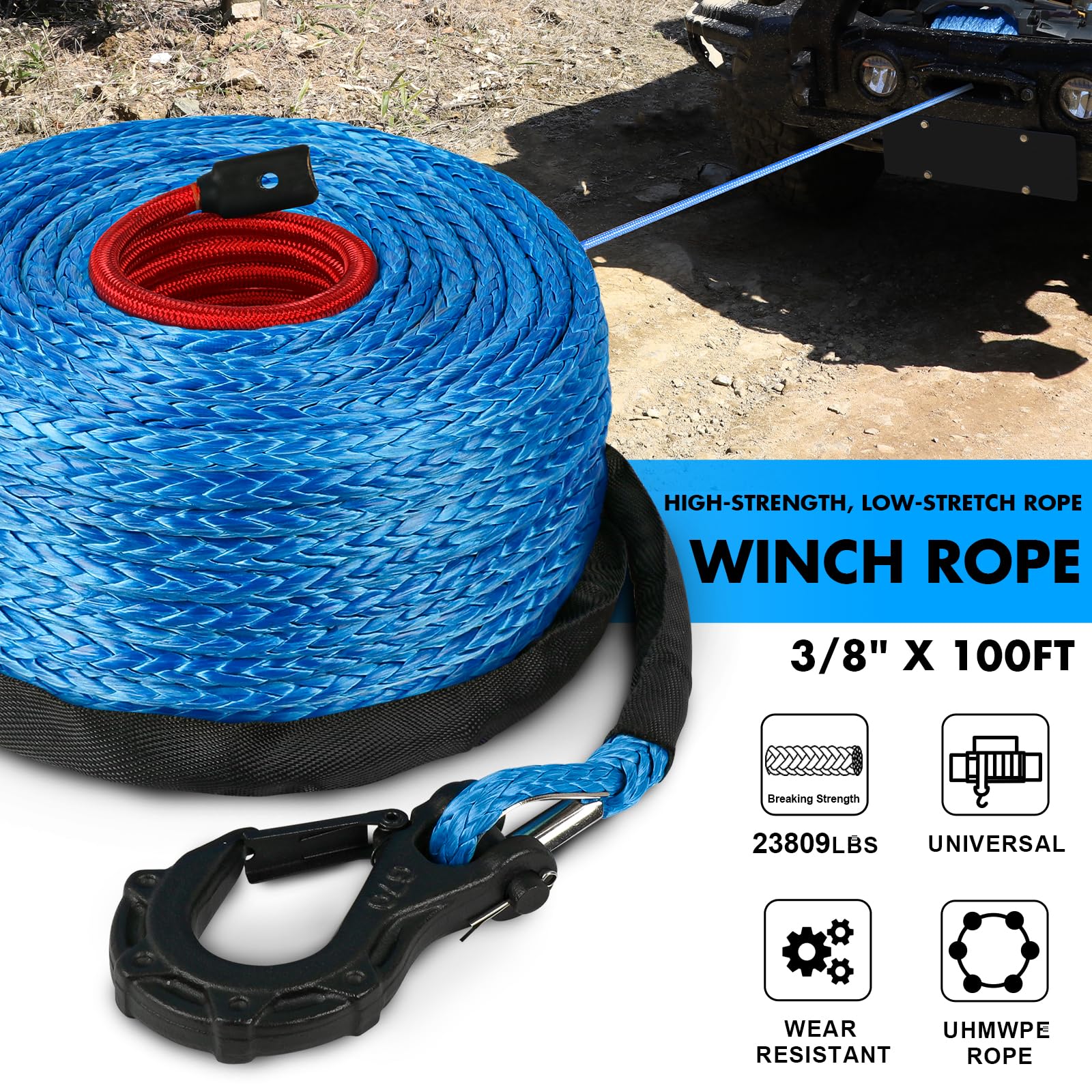 Snapklik.com : STEGODON Synthetic Winch Rope, 3/8" X100ft 23809LBS ...