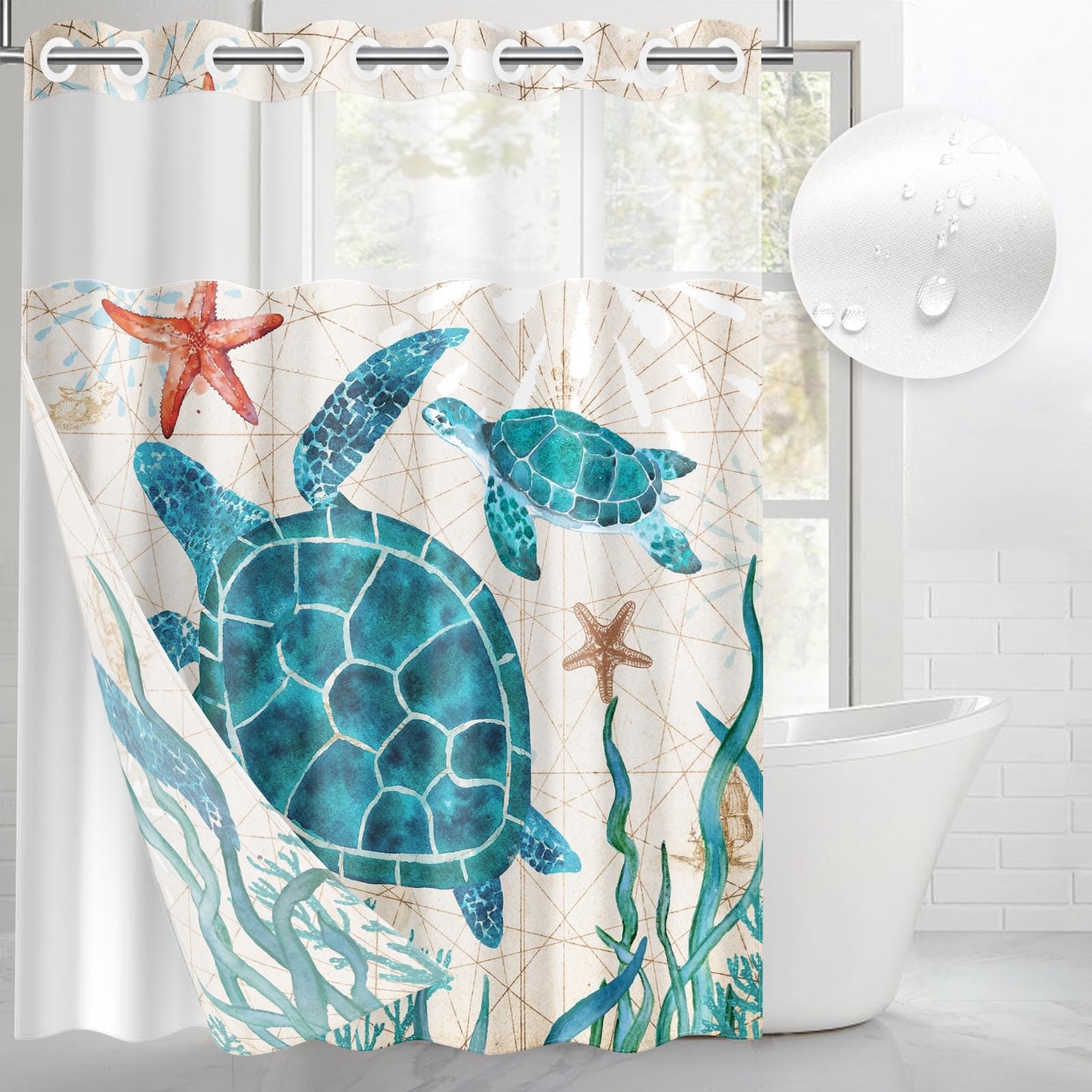 Amazon.com: Nesphy No Hook Sea Turtle Shower Curtain with Snap in ...