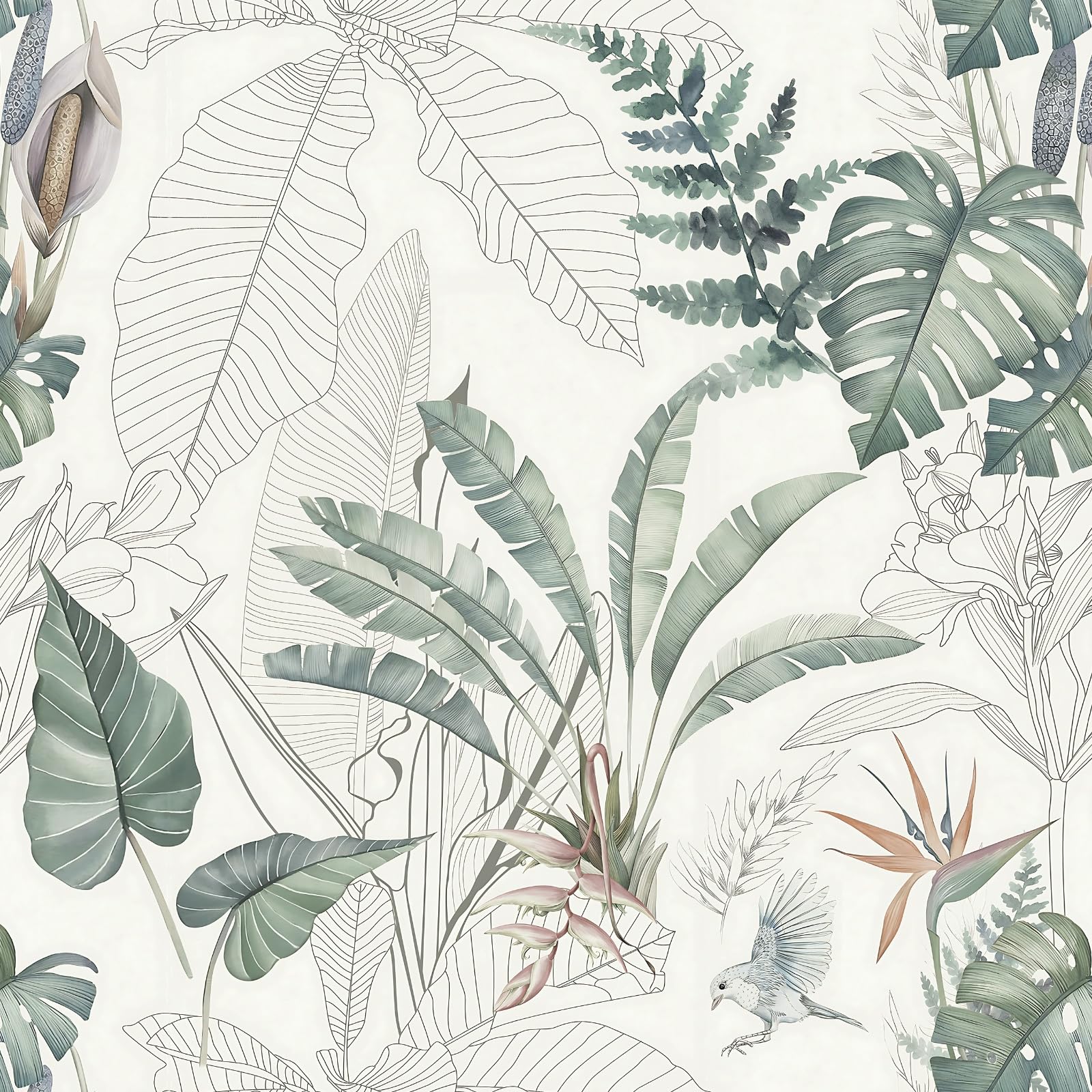 LiKiLiKi Tropical Wallpaper Peel and Stick Wallpaper Olive Light Green ...
