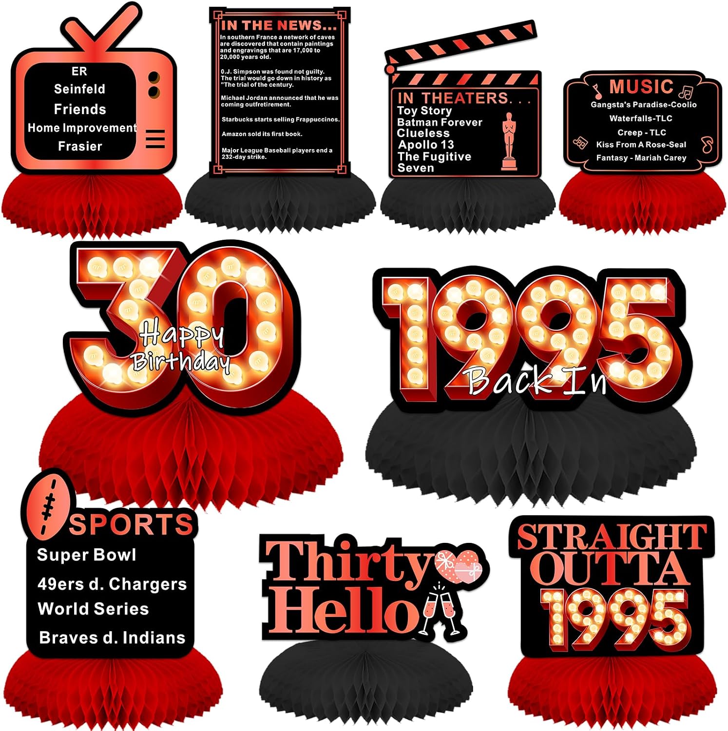 Amazon.com: Back in 1995 Red and Black Table Honeycomb Centerpieces ...