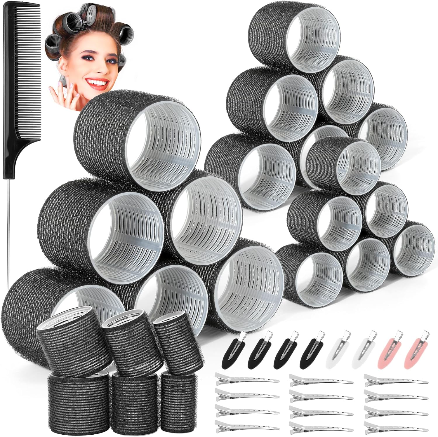 Thrilez 39PCS Hair Curlers Rollers with Clips Black Hair Roller with 3 Sizes 64mm 44mm 33mm ...
