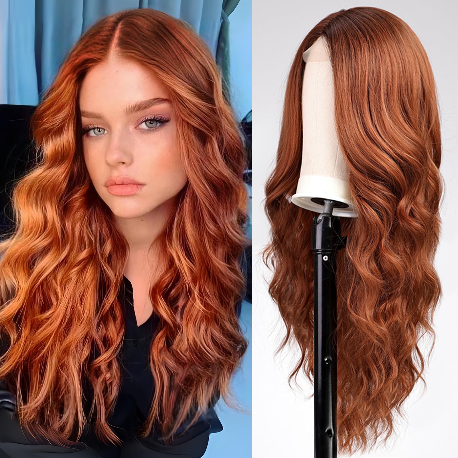 EMMOR Long Ginger Wavy Wig for Women Lace Front Wigs Auburn Natural ...