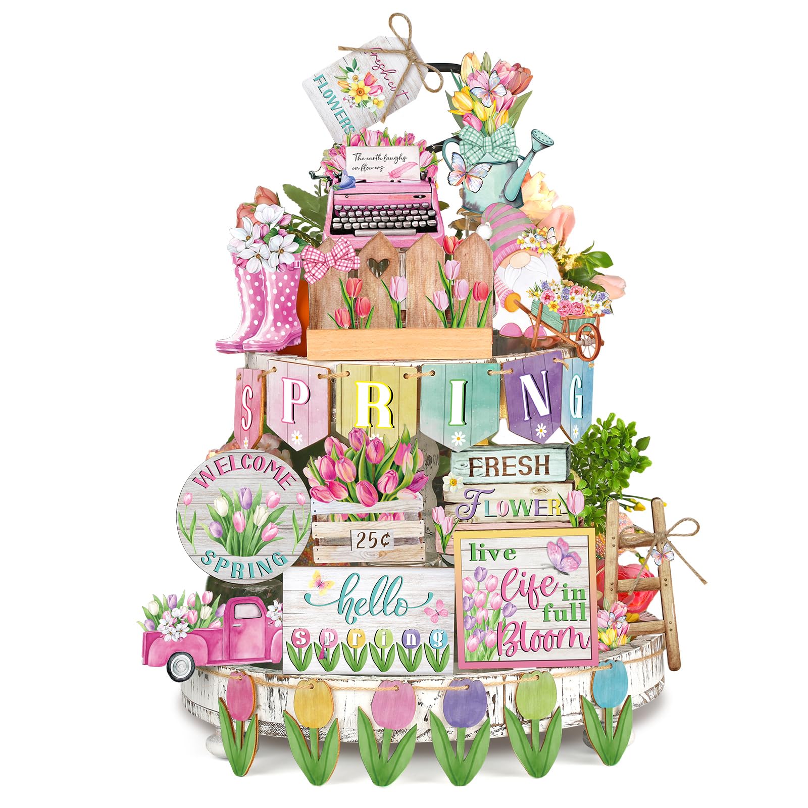 Amazon.com : Ziliny 35 Pcs Hello Spring Tiered Tray Decor Color Flower ...