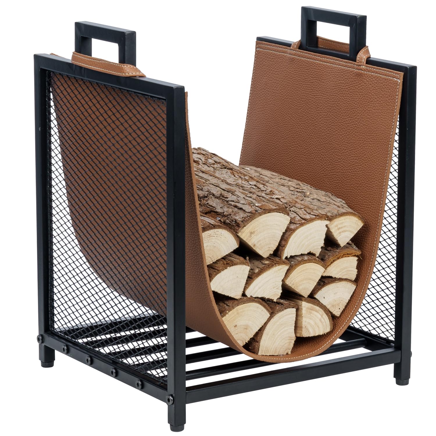 MyGift Modern Black Metal Firewood Stand Log Holder with Brown ...