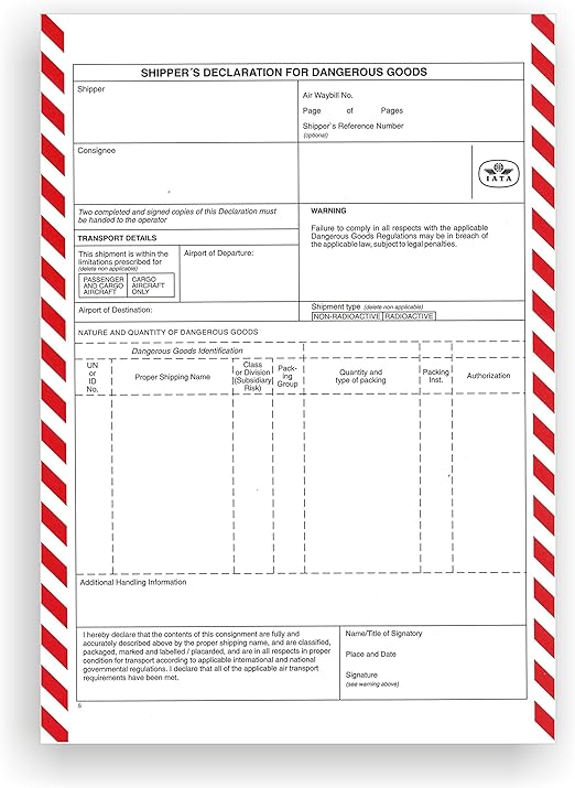 100 x Shipper's Declaration for Dangerous Goods - IATA (with Columns ...