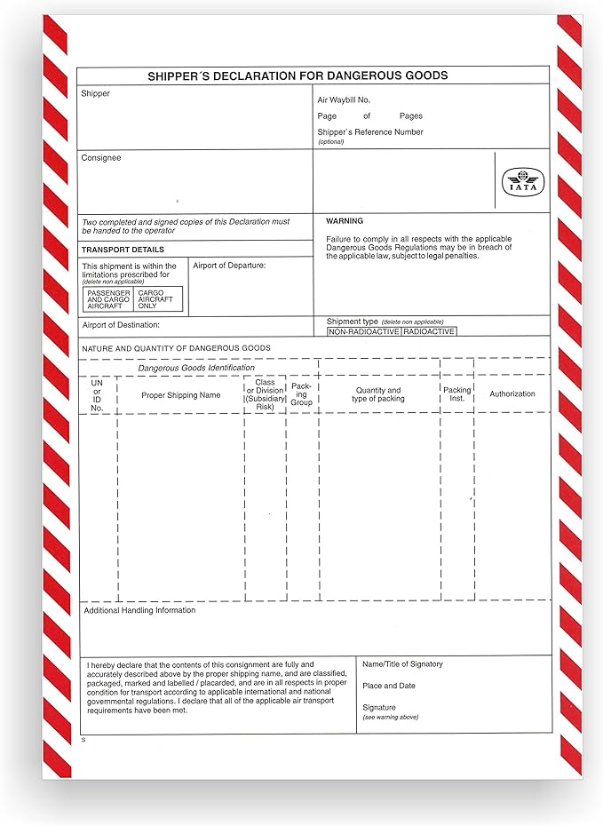 100 X Shippers Declaration For Dangerous Goods Iata With Columns Shippers Dangerous Goods
