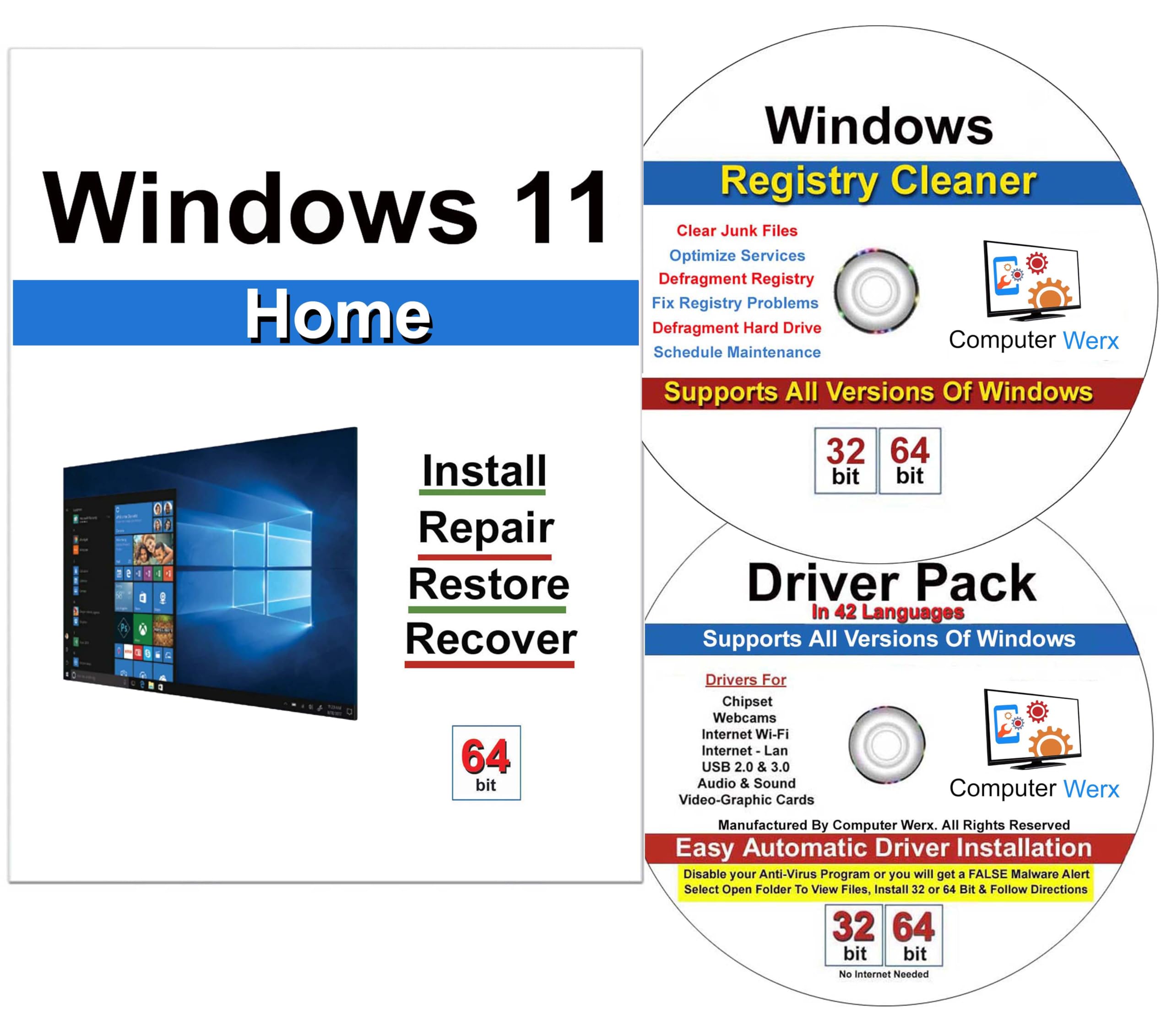Amazon.com: Computer Werx Compatible Windows 11 Home 64 Bit repair DVD ...